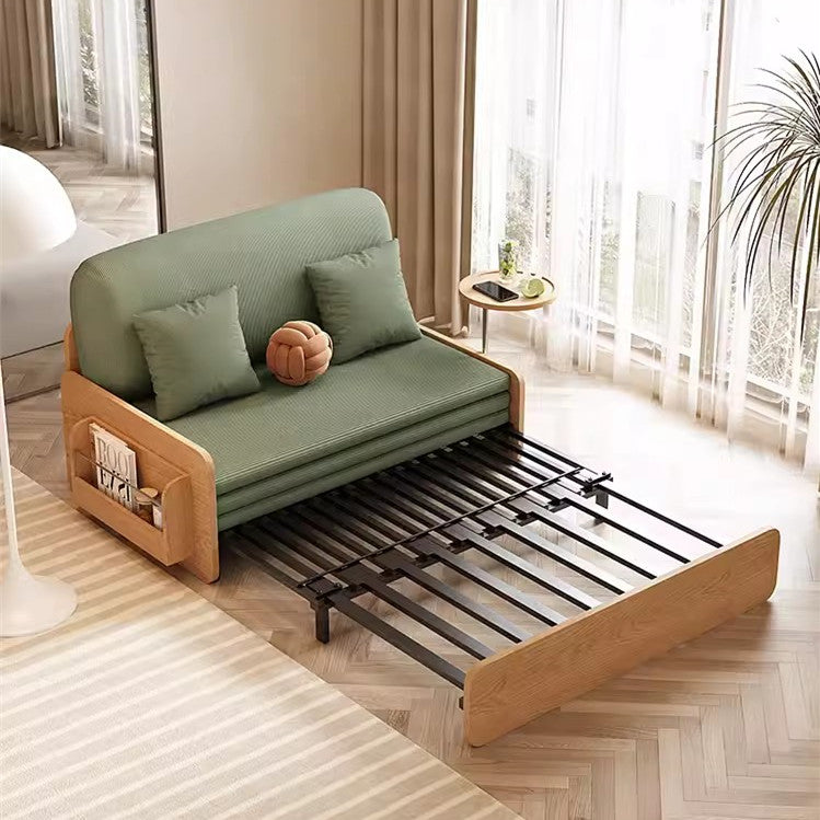 Japandi Log Style Pull Out Corduroy Fabric Sofa Bed with Rotating Armr ...
