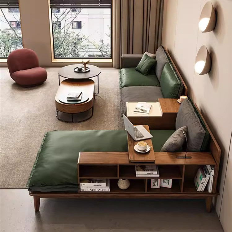 Solid Wood Sofa With Rotating Armrest Tray And Liftable End Table – EMERIT